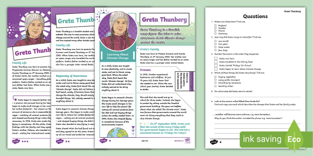 UKS2 Greta Thunberg Differentiated Reading Comprehension Activity