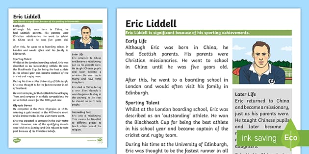 KS1 Eric Liddell Significant Individual Fact Sheet - Twinkl