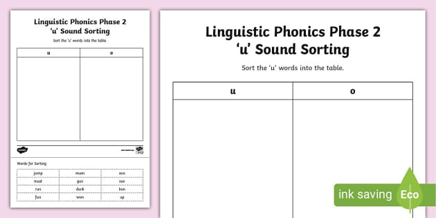 Linguistic Phonics Phase 2 ‘u’ Sound Sorting Activity Sheet