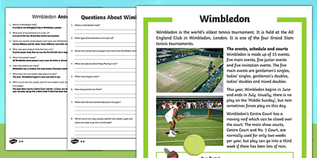 KS1 Wimbledon Differentiated Reading Comprehension Activity