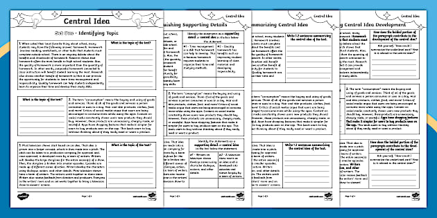 Sixth Grade Central Idea Skills Quick Quizzes (teacher made)