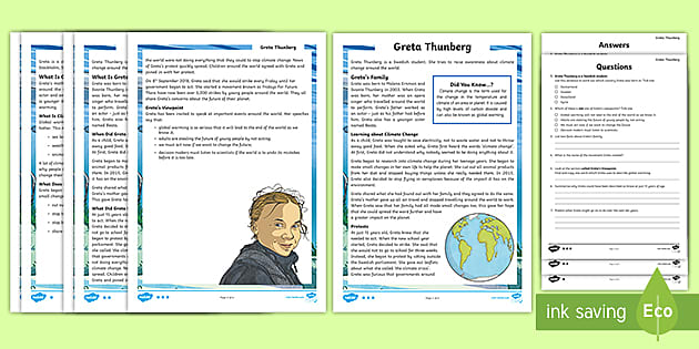Year 3/4 Greta Thunberg Differentiated Reading Comprehension Activity