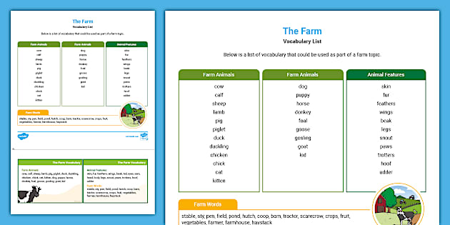 The Farm Vocabulary List with Lanyard Insert | Twinkl