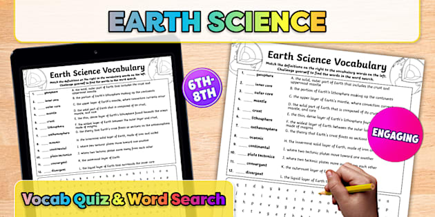 Earth Science Vocabulary Matching Quiz and Word Search