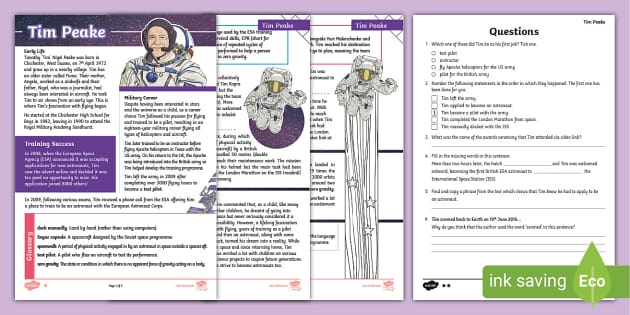 UKS2 Tim Peake Differentiated Reading Comprehension Activity