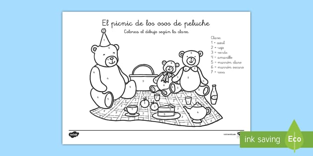 Colorear con números: El picnic de los osos de peluche