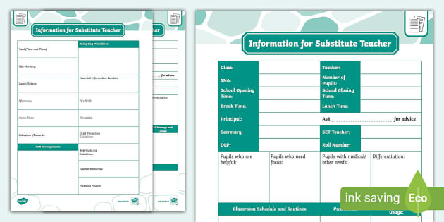 Teacher Planner: Information for Substitute - Twinkl