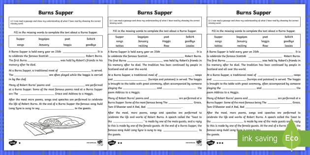 Burns Supper Cloze Passage Differentiated Worksheet / Worksheets-Scottish