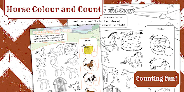 Horse-Themed Colour and Count Worksheet