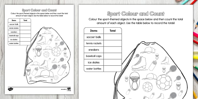 Sport Colour and Count Worksheet (teacher made) - Twinkl