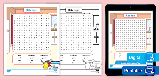 Kitchen Vocabulary Word Search for K-2nd Grade - Twinkl