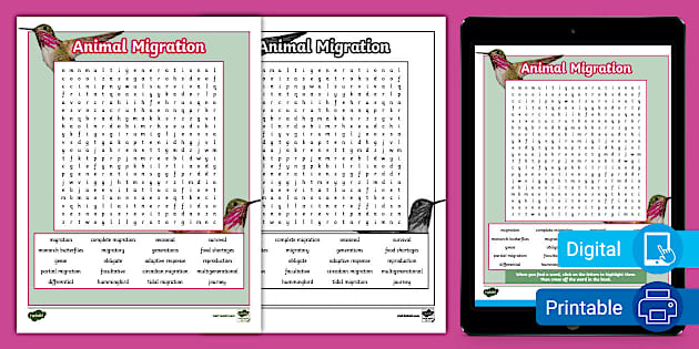 Animal Migration Word Search for 6th-8th Grade - Twinkl