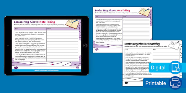 Third Grade Louisa May Alcott Reading and Note-Taking