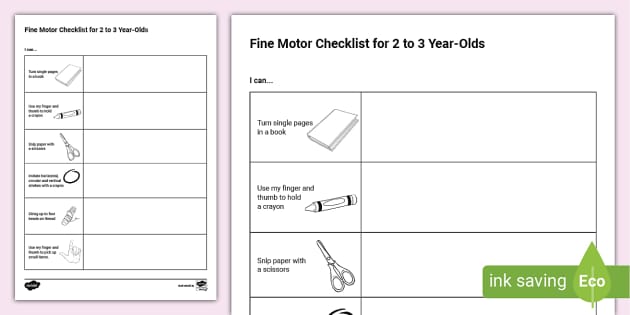 Fine Motor Developmental Checklists for 2 to 3 years