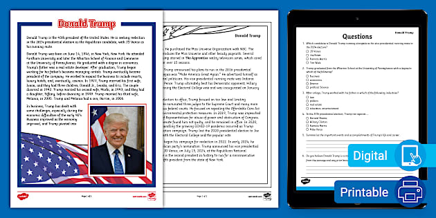 Seventh Grade Donald Trump Reading Comprehension Worksheet