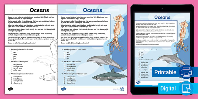 Third Grade Oceans Reading Passage Comprehension Activity