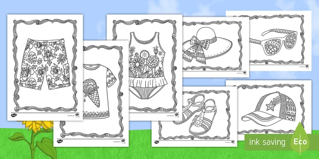Summer Clothes Mindfulness Coloring Sheets English/Hindi