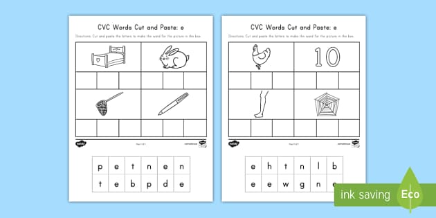 CVC Words 'e' Cut and Paste Worksheets - (teacher made)