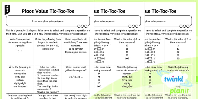 PlanIt Maths Y2 Number and Place Value Tic-Tac-Toe Problem Solving