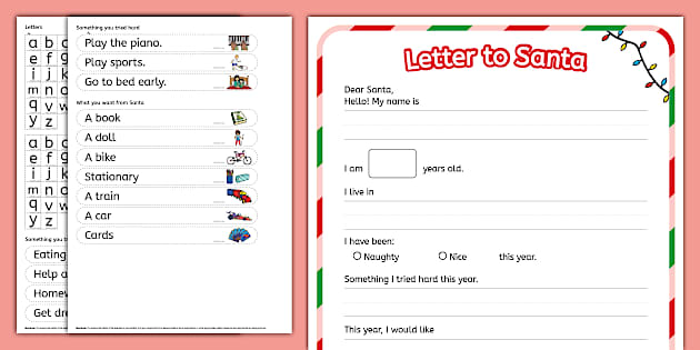 Letter to Santa English template for Kindergarten- with cut and paste
