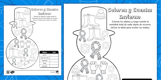 Guía de Trabajo: Cuenta y Colorea - Invierno - Twinkl