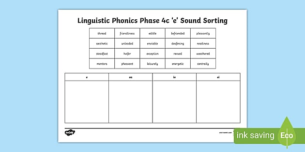 Linguistic Phonics Phase 4c 'e' Sound Sorting Worksheet