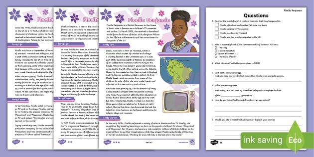 UKS2 Floella Benjamin Differentiated Reading Comprehension Activity