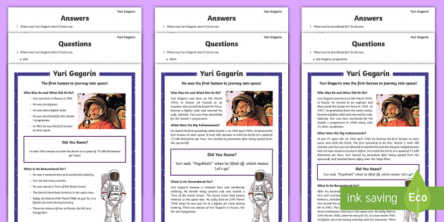 KS1 Yuri Gagarin Differentiated Reading Comprehension Activity