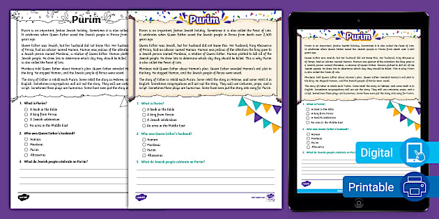 Fifth Grade Purim Reading Passage Comprehension Worksheet