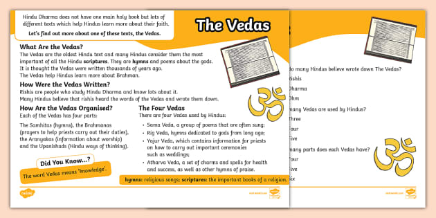 KS1 All About the Vedas Fact File and Quick Quiz - Twinkl