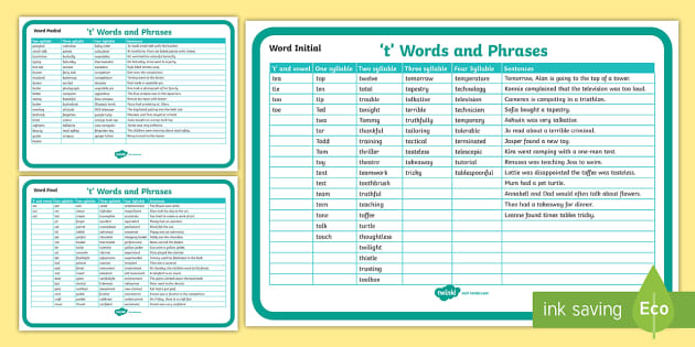 T Words and Phrases Word Mat - T Word List (teacher made)