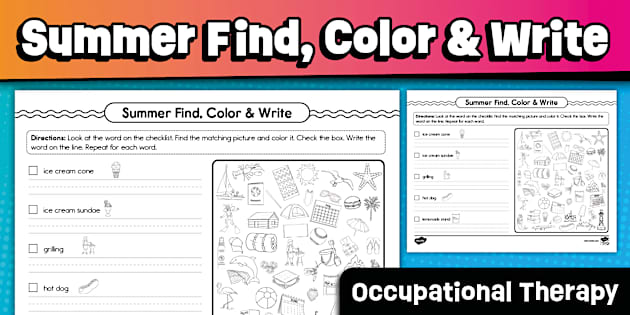 Summer Find, Color, and Write Worksheets for Occupational Therapy: Visual