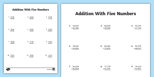 Addition With Five Numbers Worksheet (teacher made) - Twinkl