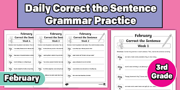 Third Grade February Daily Correct the Sentence Grammar