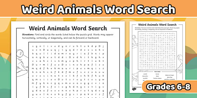 Weird Animals Word Search for 6th-8th Grade