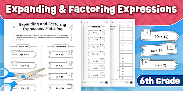 Sixth Grade Expanding and Factoring Expressions Matching Worksheet