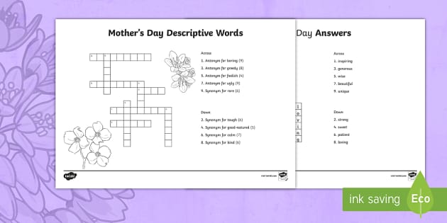 Mother's Day Descriptive Words Crossword (Teacher-Made)