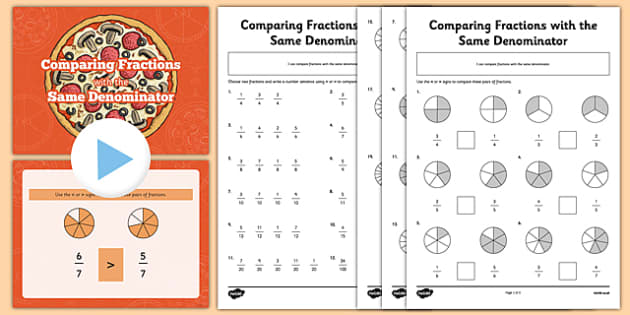 Comparing Fractions With The Same Denominator PowerPoint And Worksheet