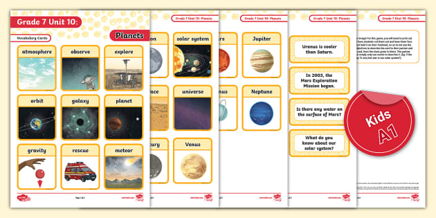 Turkey Curriculum English Vocabulary Cards: Grade 7 Unit 10 (Planets)