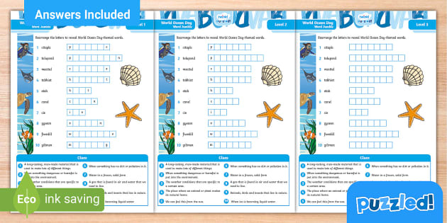 World Ocean Day Word Jumble - Twinkl Puzzled - kids - Twinkl