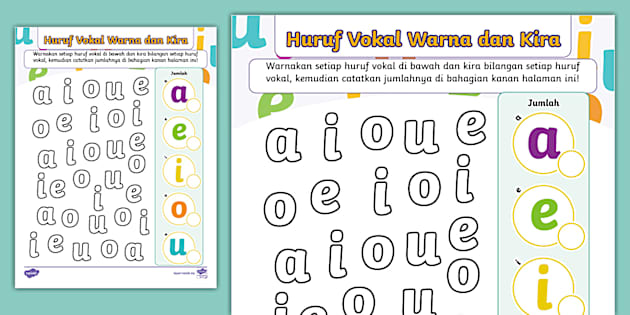 Lembaran Kerja Huruf Vokal Prasekolah: Warna dan Kira