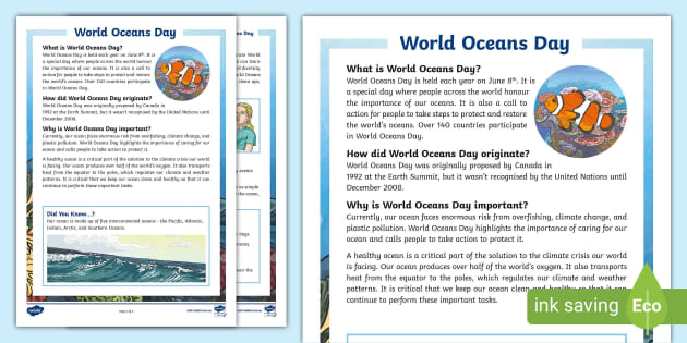 World Oceans Day Fact File (teacher made) - Twinkl