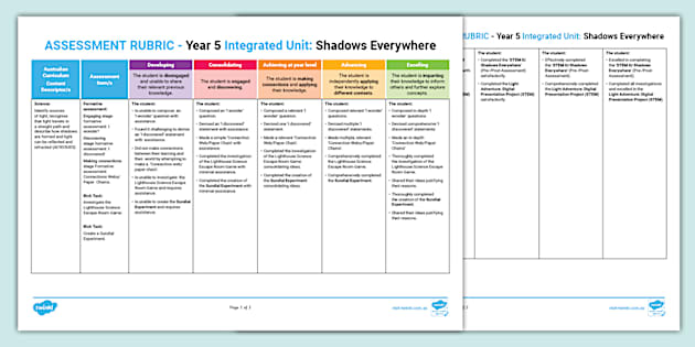 STEM IU Yr 5 Shadows Everywhere Assessment Rubric - Twinkl
