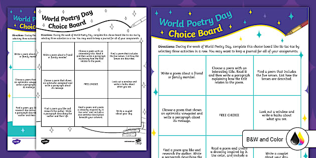 World Poetry Day Choice Board for 3rd-5th Grade