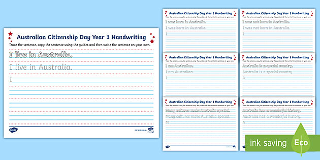 Australian Citizenship Day Year 1 Handwriting Practice Worksheet