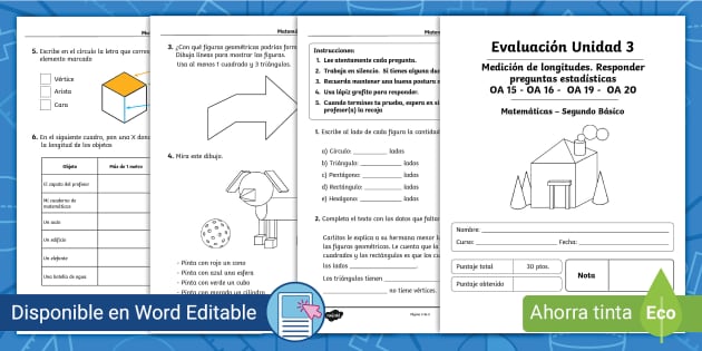 Prueba de Matemáticas segundo básico - Unidad 3 - Twinkl