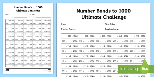 Number Bonds To 1000 Worksheet KS2 Primary Resource