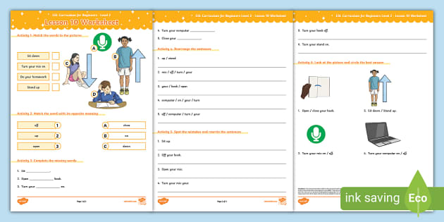 ESL Curriculum for Beginners Level 2 Lesson 10 Worksheet Twinkl