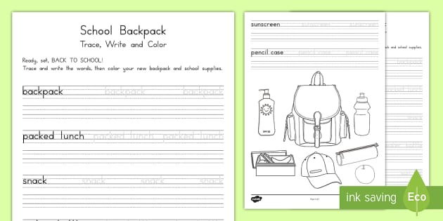 School Backpack Trace, Write, and Color Worksheet / Activity