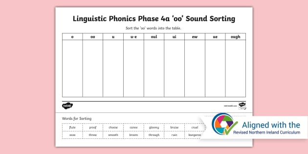 Linguistic Phonics Phase 4a 'oo' Sound Sorting Worksheet
